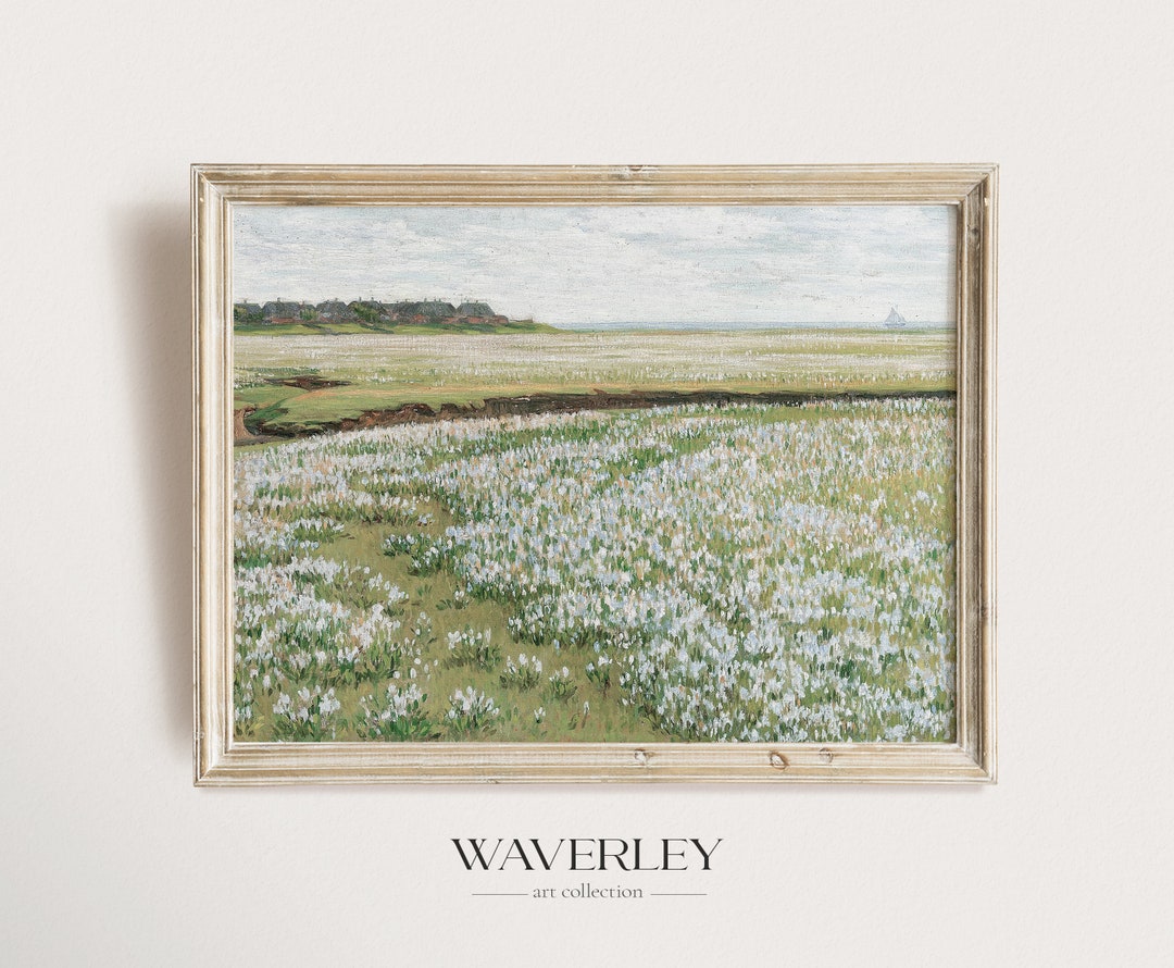 Spring Meadow Art Print, Vintage Landscape Painting Rustic Farmhouses ...