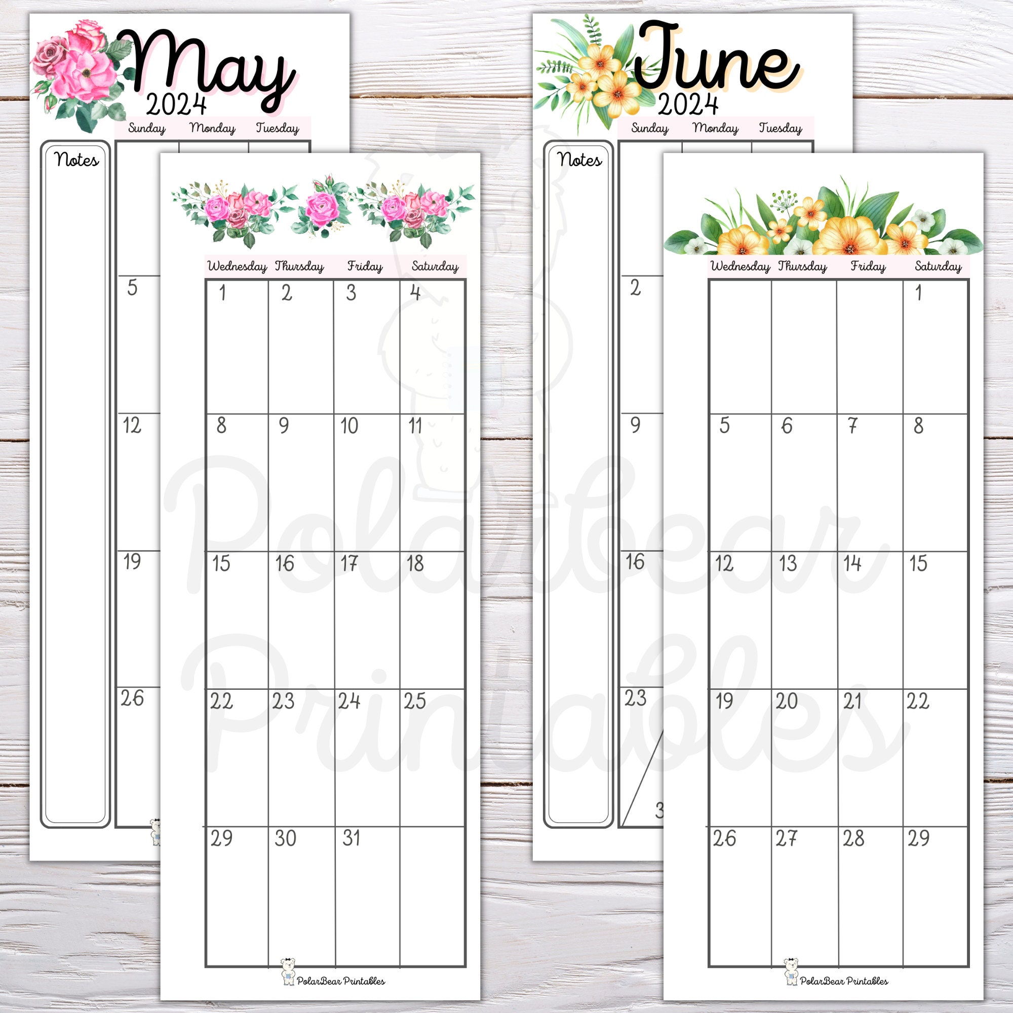 Printable, Skinny Mini 2024 Monthly, With Flowers, Skinny Mini Month 2 ...