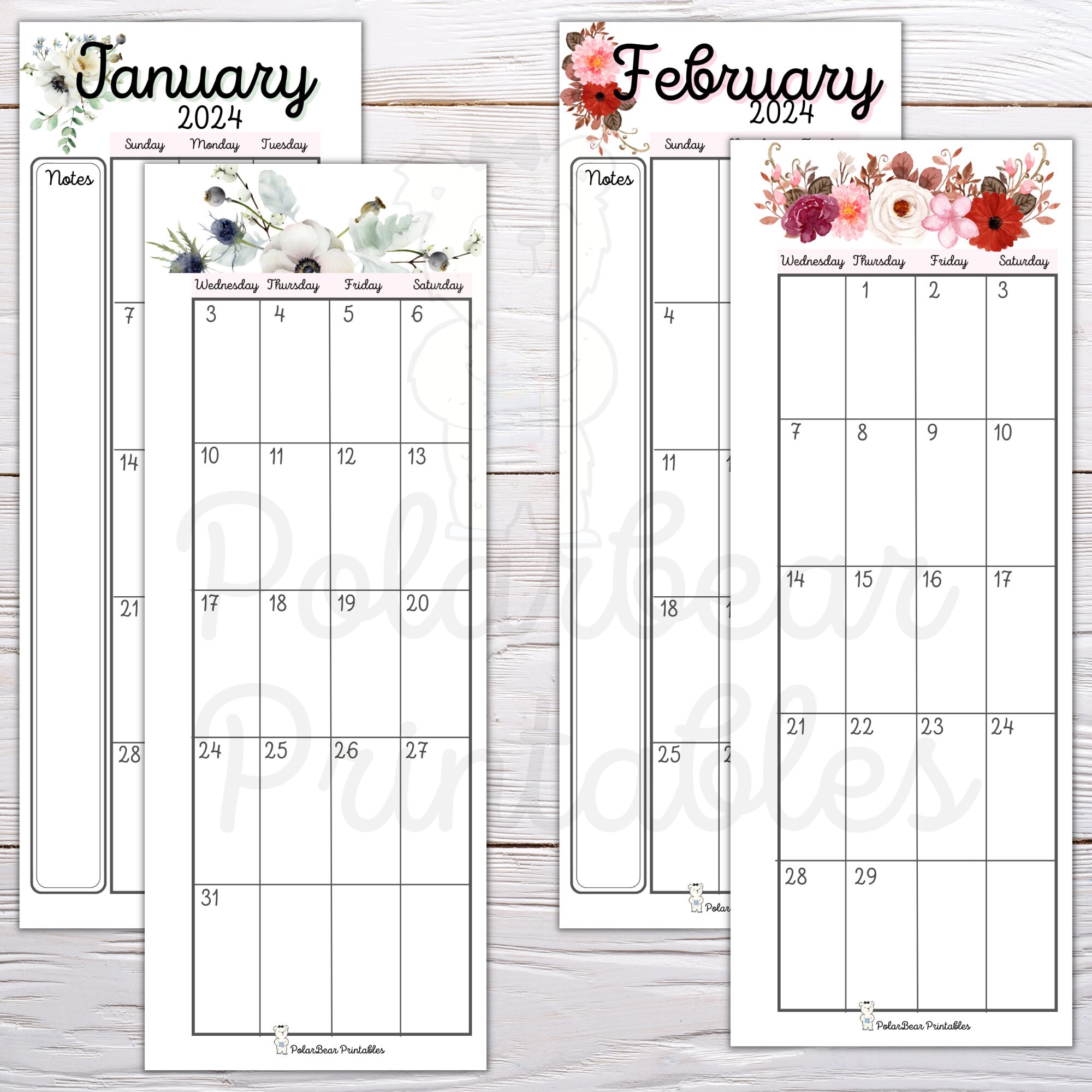 Printable, Skinny Mini 2024 Monthly, With Flowers, Skinny Mini Month 2 ...
