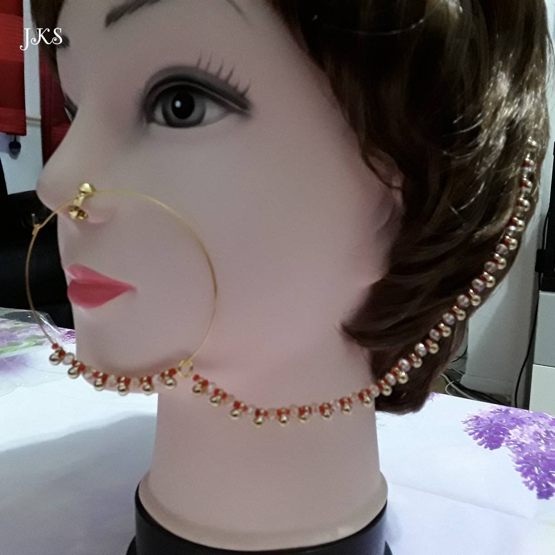 Indian Pearl Nath Traditional Gold Red Nose Ring Pierced Nose Ring