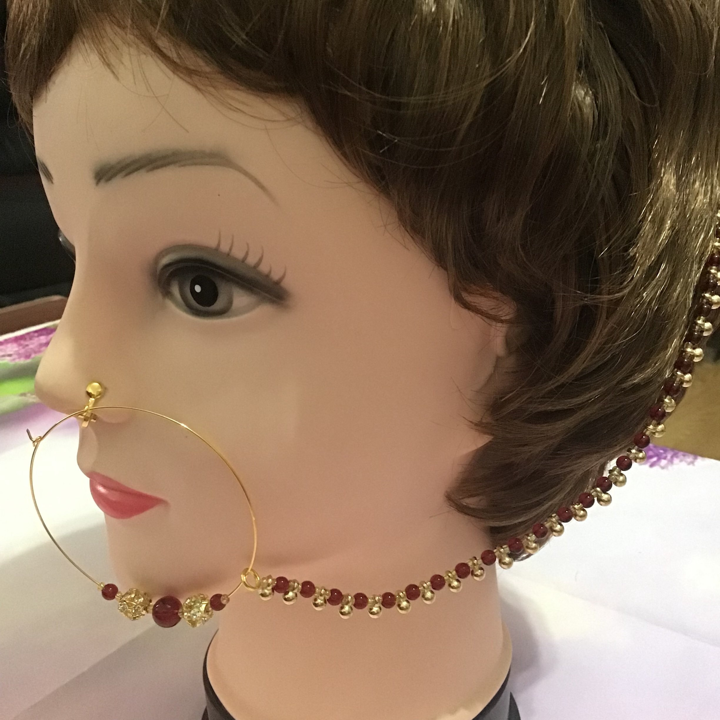 Indian Maroon Pearl Nath Traditional Gold Nose Ring Pierced Nose Ring