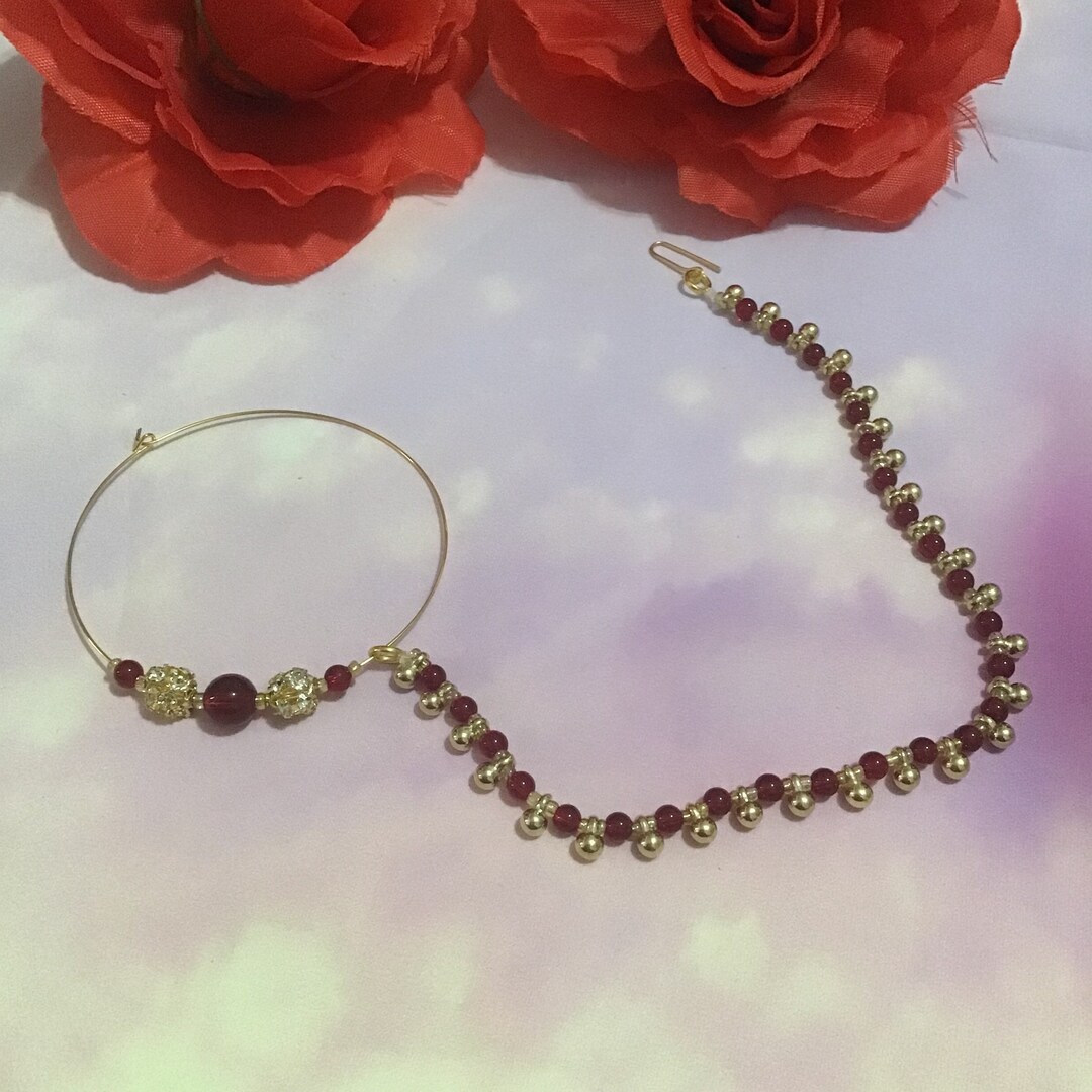 Indian Maroon Pearl Nath Traditional Gold Nose Ring Pierced Nose Ring