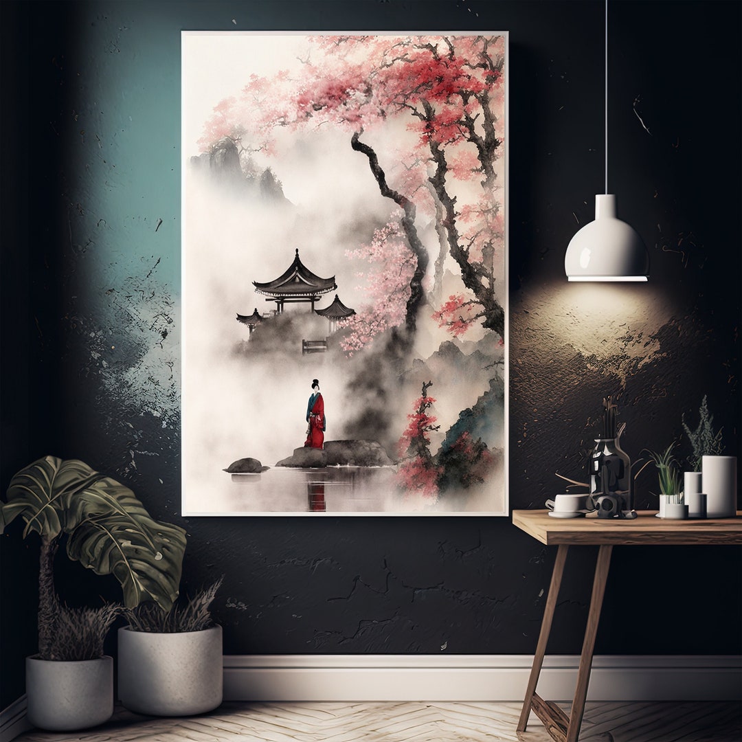 Mystical Japanese Temple Landscape Digital Download Art With Cherry ...