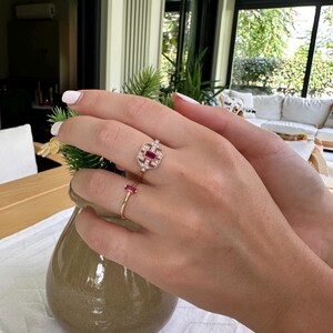 14k Solid Gold Ruby Solitaire Ring, Baguette Red Ruby Stacking Ring, Dainty Ruby Ring, Delicate ...