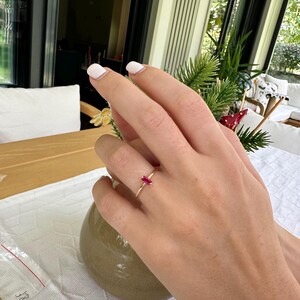 14k Solid Gold Ruby Solitaire Ring, Baguette Red Ruby Stacking Ring, Dainty Ruby Ring, Delicate ...