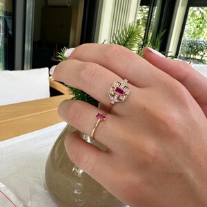 14k Solid Gold Ruby Solitaire Ring, Baguette Red Ruby Stacking Ring, Dainty Ruby Ring, Delicate ...