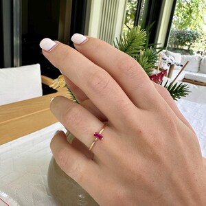14k Solid Gold Ruby Solitaire Ring, Baguette Red Ruby Stacking Ring, Dainty Ruby Ring, Delicate ...