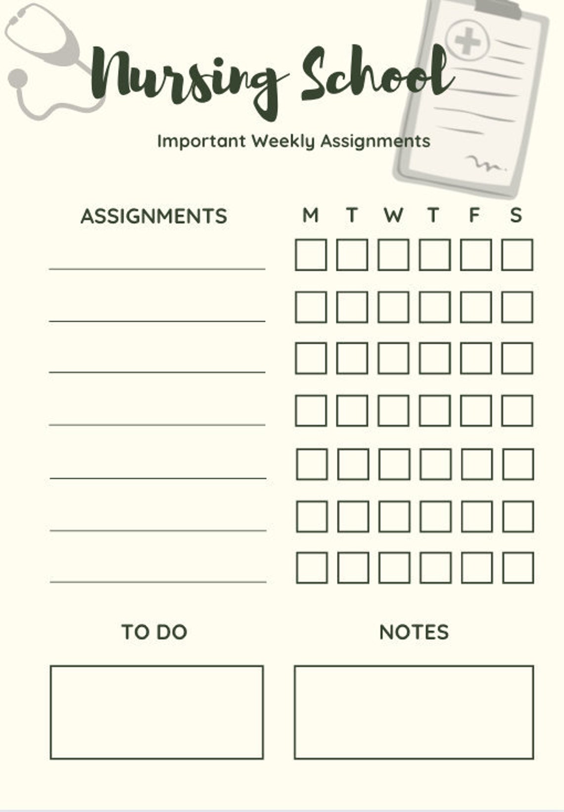 Weekly Nursing School Assignment Sheets | Etsy