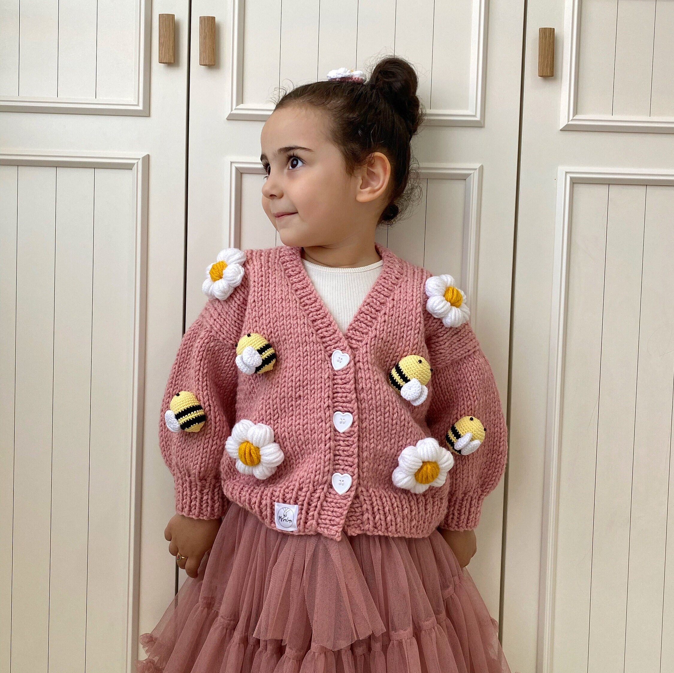 Daisies and Bees Cardigan, Baby Girl Cardigan, Handmade Flower Cardigan ...