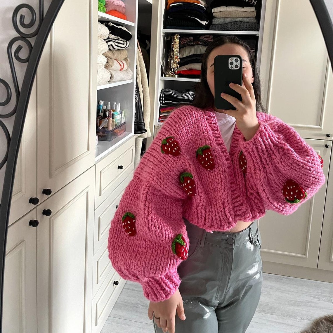Strawberry Hot Pink Cardigan,strawberry Cardigan ,handmade , Christmas ...