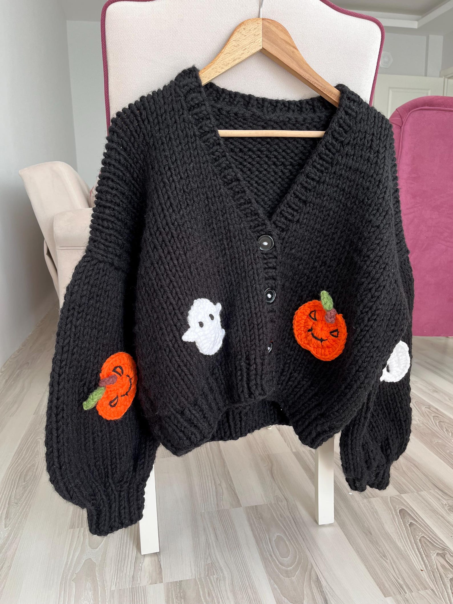 Halloween Crochet Cardigan ,handmade Black Chunky Sweater With Pumpkins ...