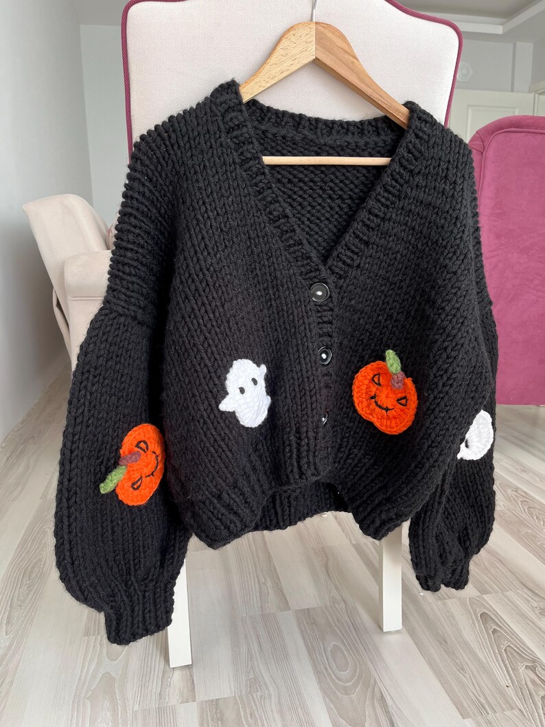 Handmade Halloween Crochet Cardigan, Pumpkin Ghost Knit Sweater - Etsy