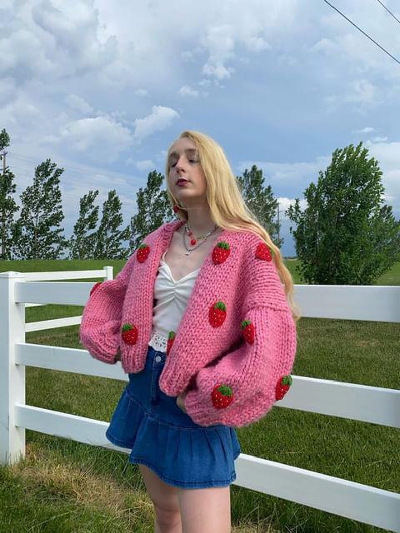 Strawberry Hot Pink Cardigan,strawberry Cardigan ,handmade , Christmas ...