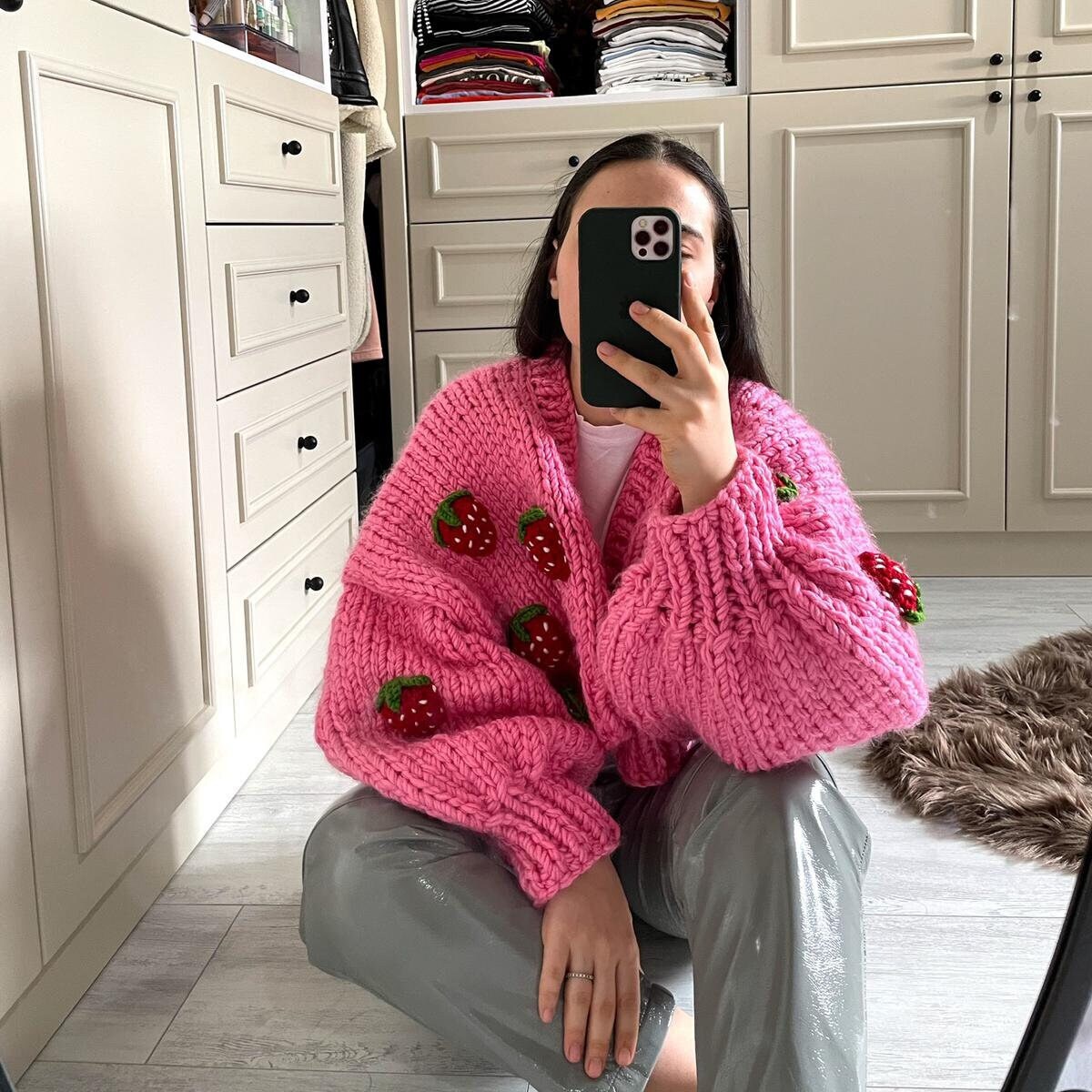 Strawberry Hot Pink Cardigan,strawberry Cardigan ,handmade , Christmas ...