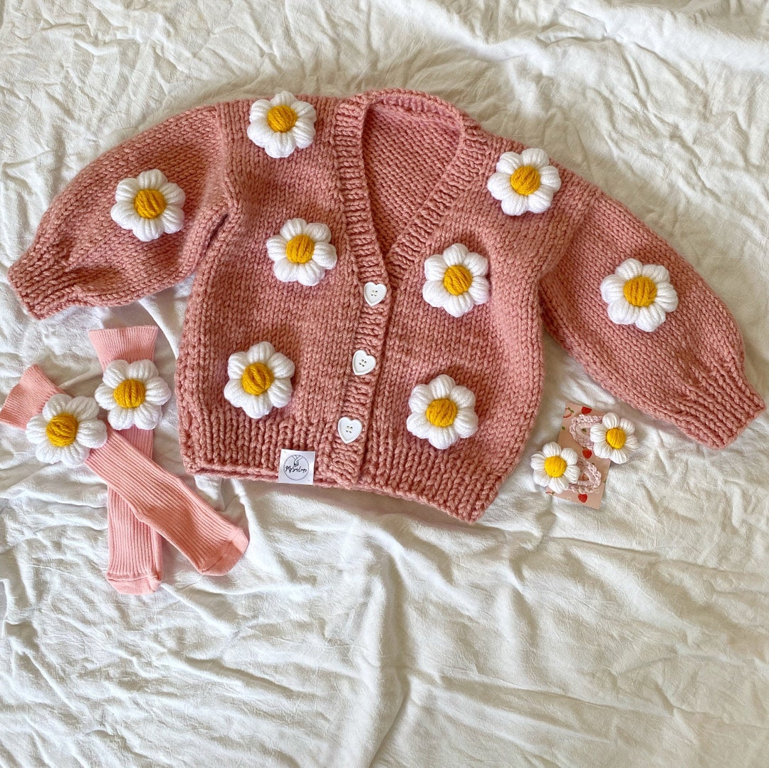 Daisy Knit Jacket, Chunky Knit Product, Handmade Daisy Pink Cardigan ...