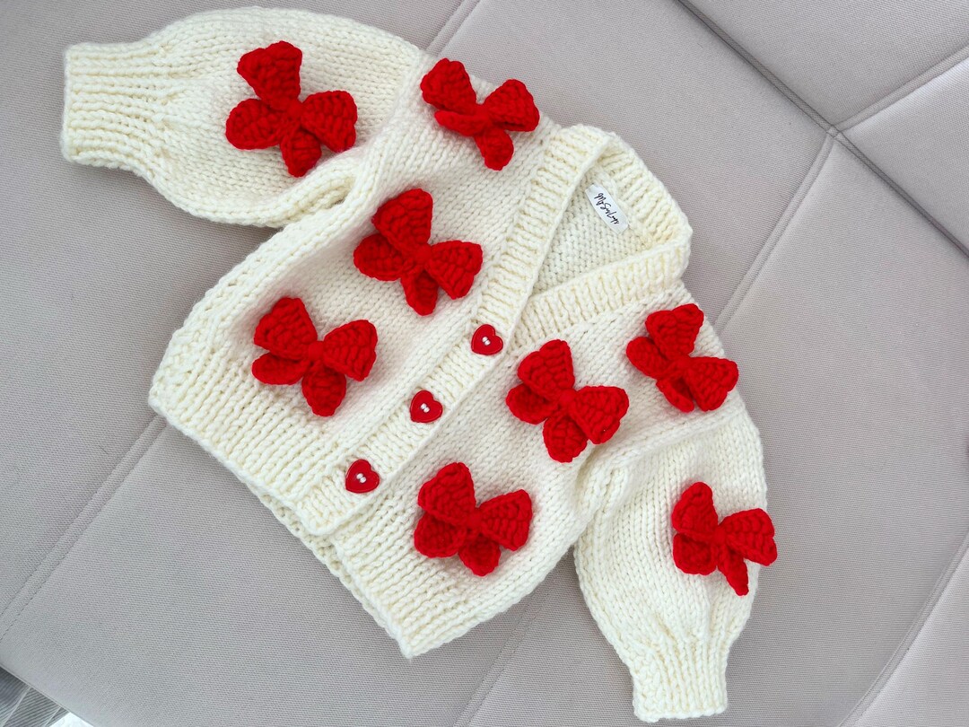Handmade Baby Knit Cardigan With Red Bows, Personalized Gift - Etsy