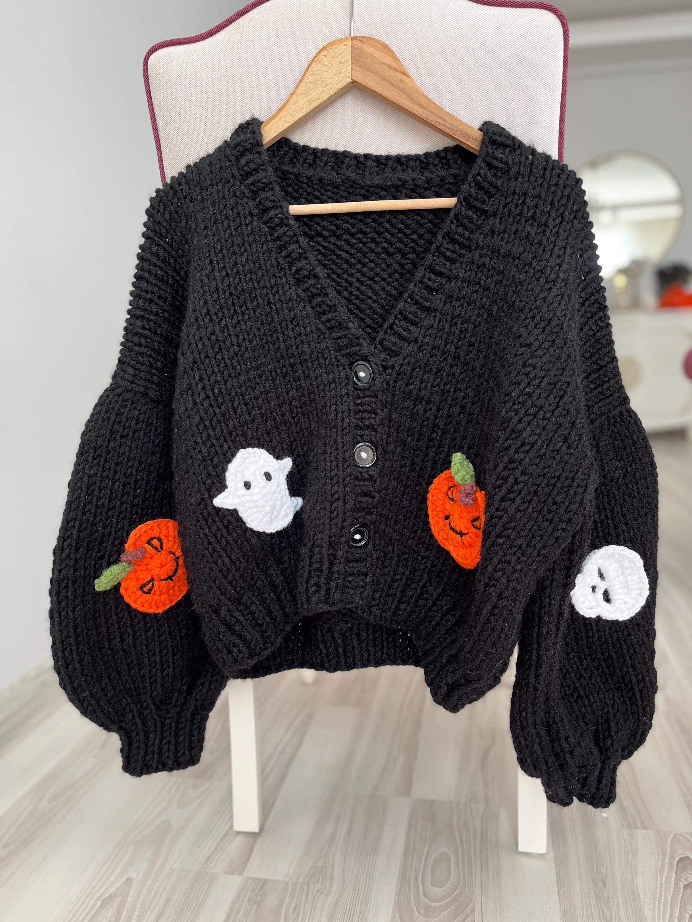 Halloween Crochet Cardigan ,handmade Black Chunky Sweater With Pumpkins ...