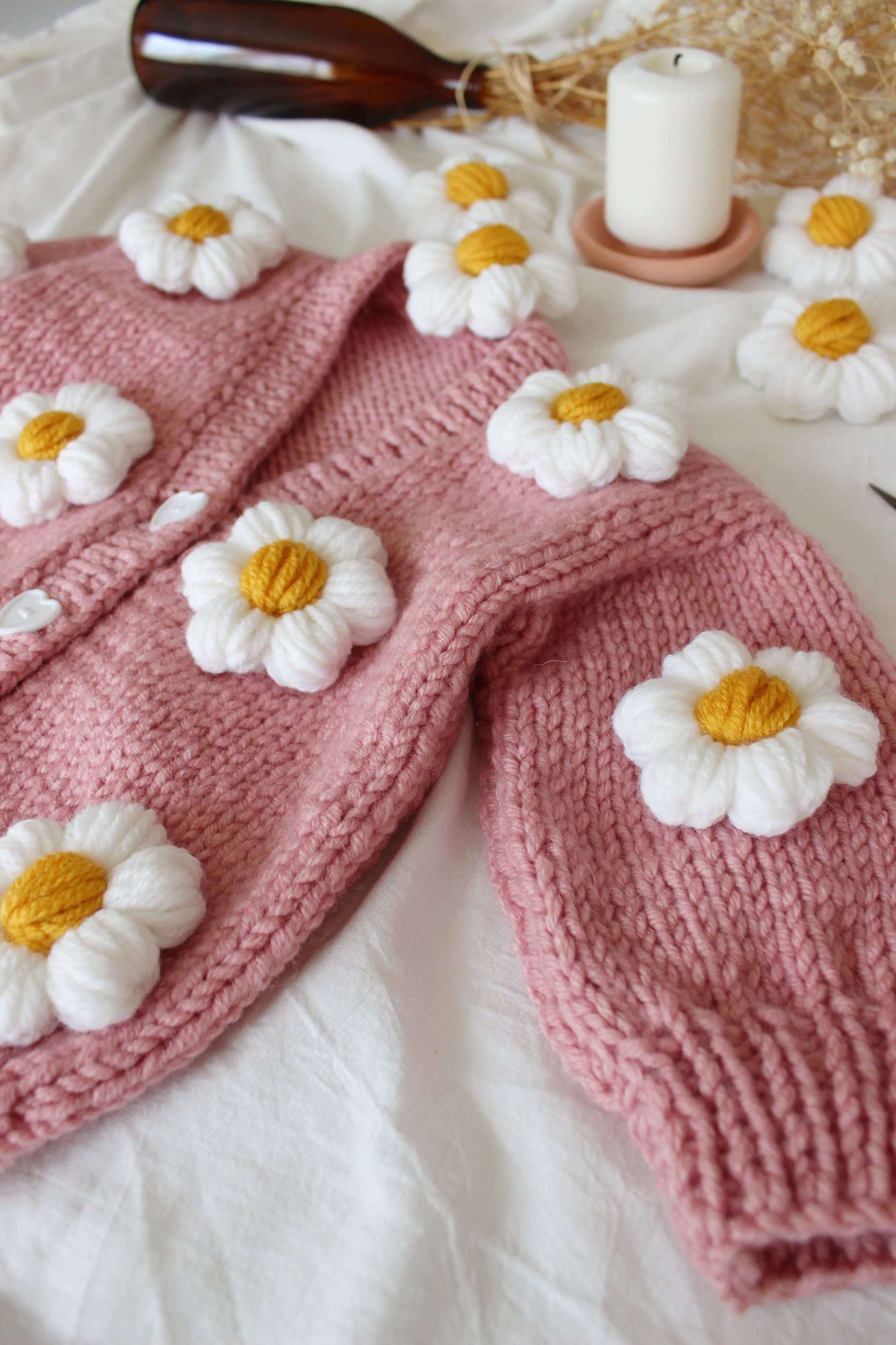 Daisy Knit Jacket Chunky Knit Product Handmade Daisy Pink - Etsy