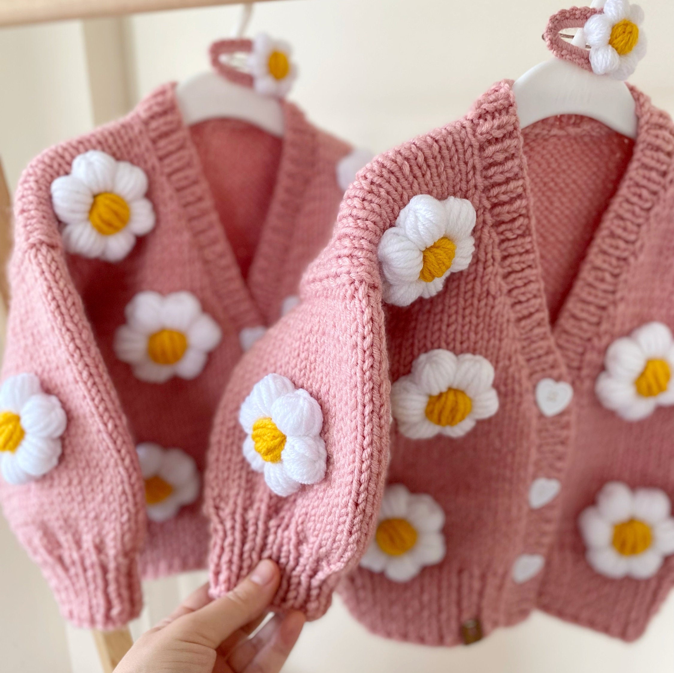 Daisy Knit Jacket, Chunky Knit Product, Handmade Daisy Pink Cardigan, Daisy Balloon Sleeve ...