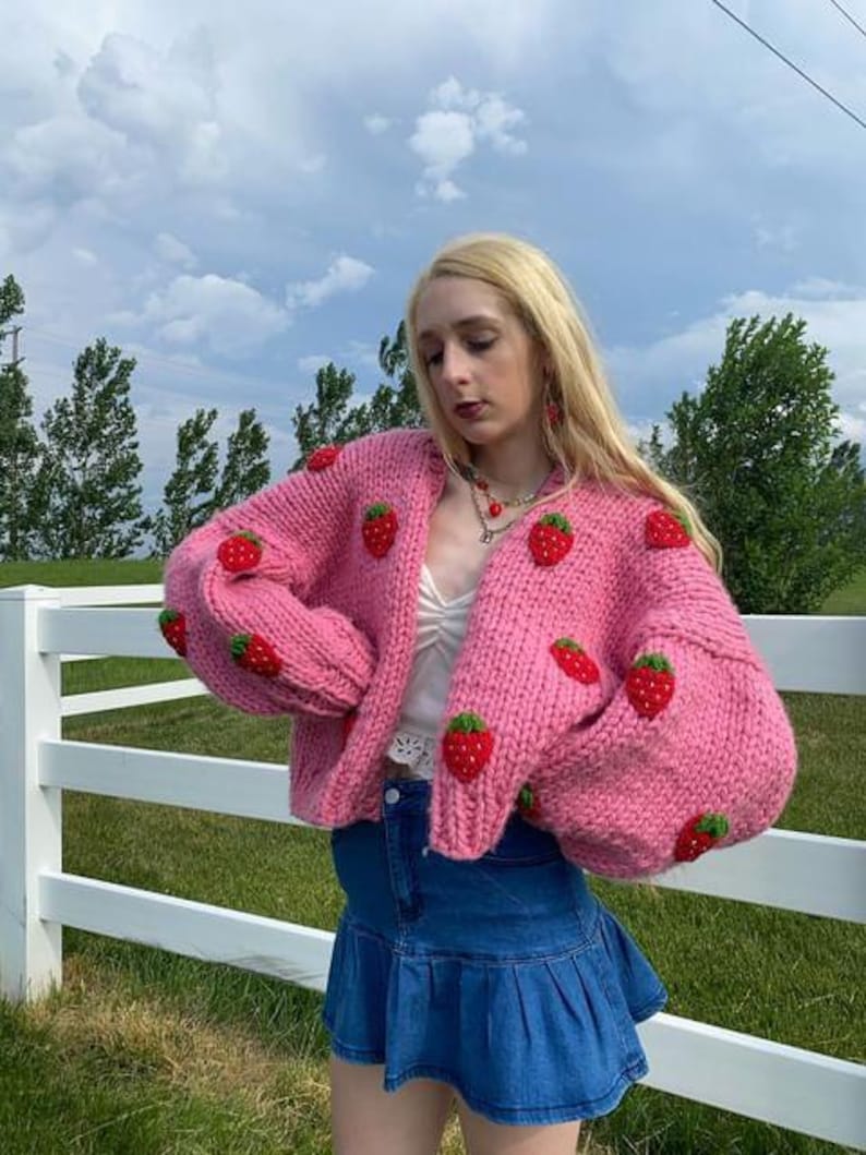 Strawberry Hot Pink Cardigan,strawberry Cardigan ,handmade , Christmas ...