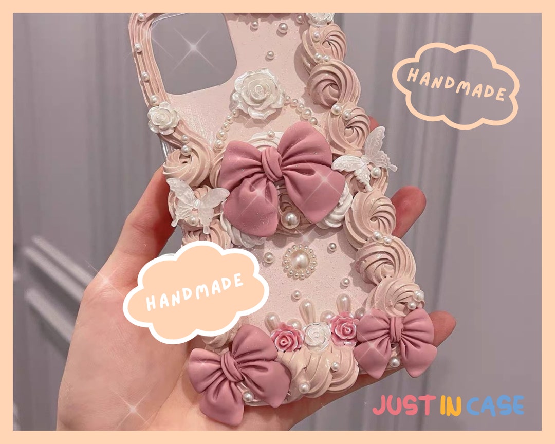 Cute Grey Pink Ribbon Bows Decoden Phone Case Baroque Style Hand-made ...