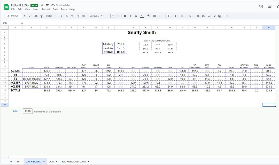 Flight Log - Military and Civilian - Google Sheets Spreadsheet - Etsy