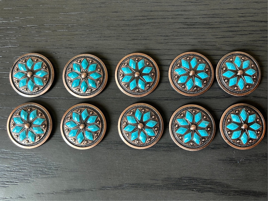 Lot of 10 1.5" Antique Copper Cactus Flower Conchos With Turquoise ...
