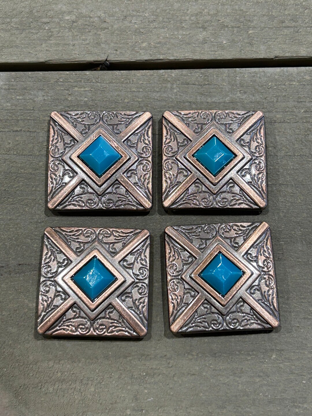 Lot of 4 1.5" Antique Copper Square Conchos With Turquoise Color Center ...