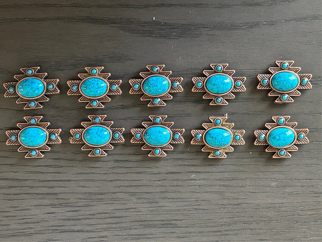 Lot of 10 1.5" X 1” Antique Copper Aztec Conchos With Turquoise Color ...