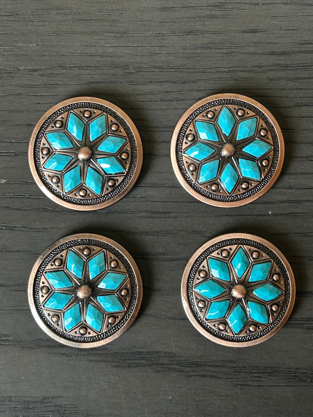 Lot of 4 1.5" Antique Copper Cactus Flower Conchos With Turquoise Color ...
