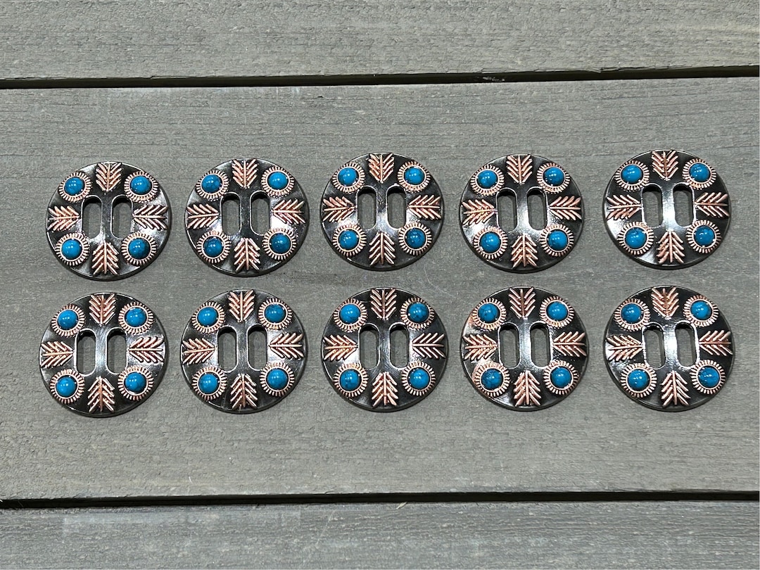 Lot of 10 1.5" Feather Two-tone Slotted Conchos With Turquoise Color ...