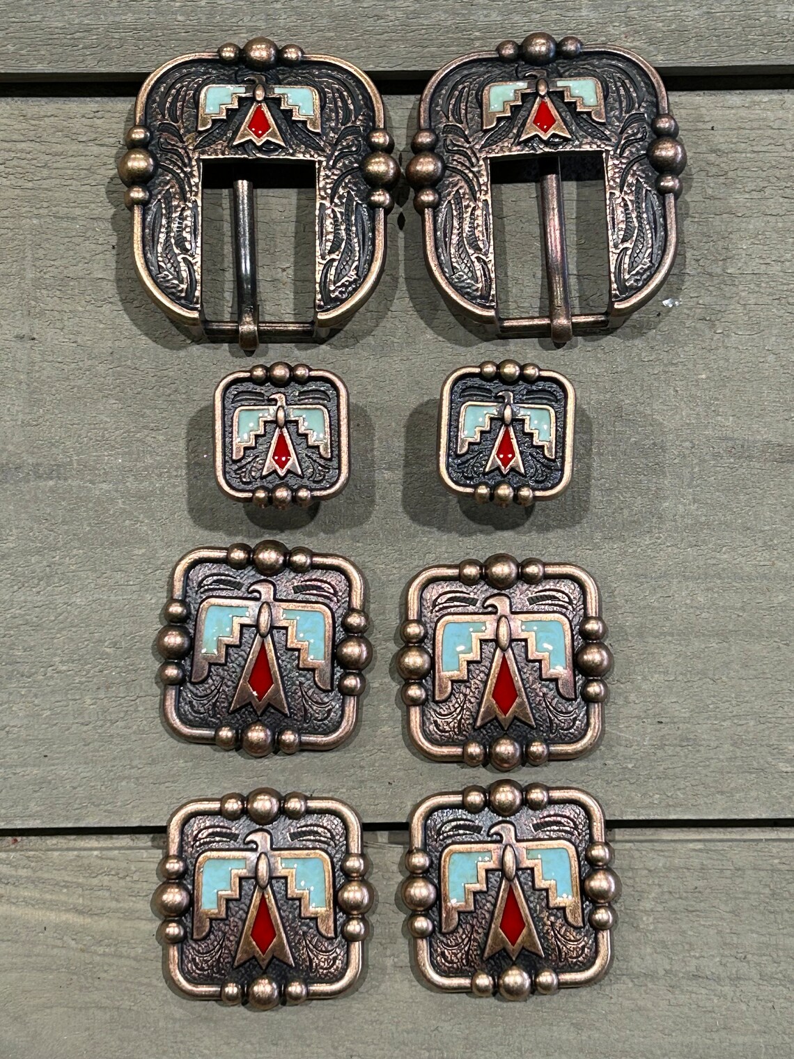 Lot of 4 1.5 Copper Thunderbird Conchos With Turquoise and Red Enamel ...