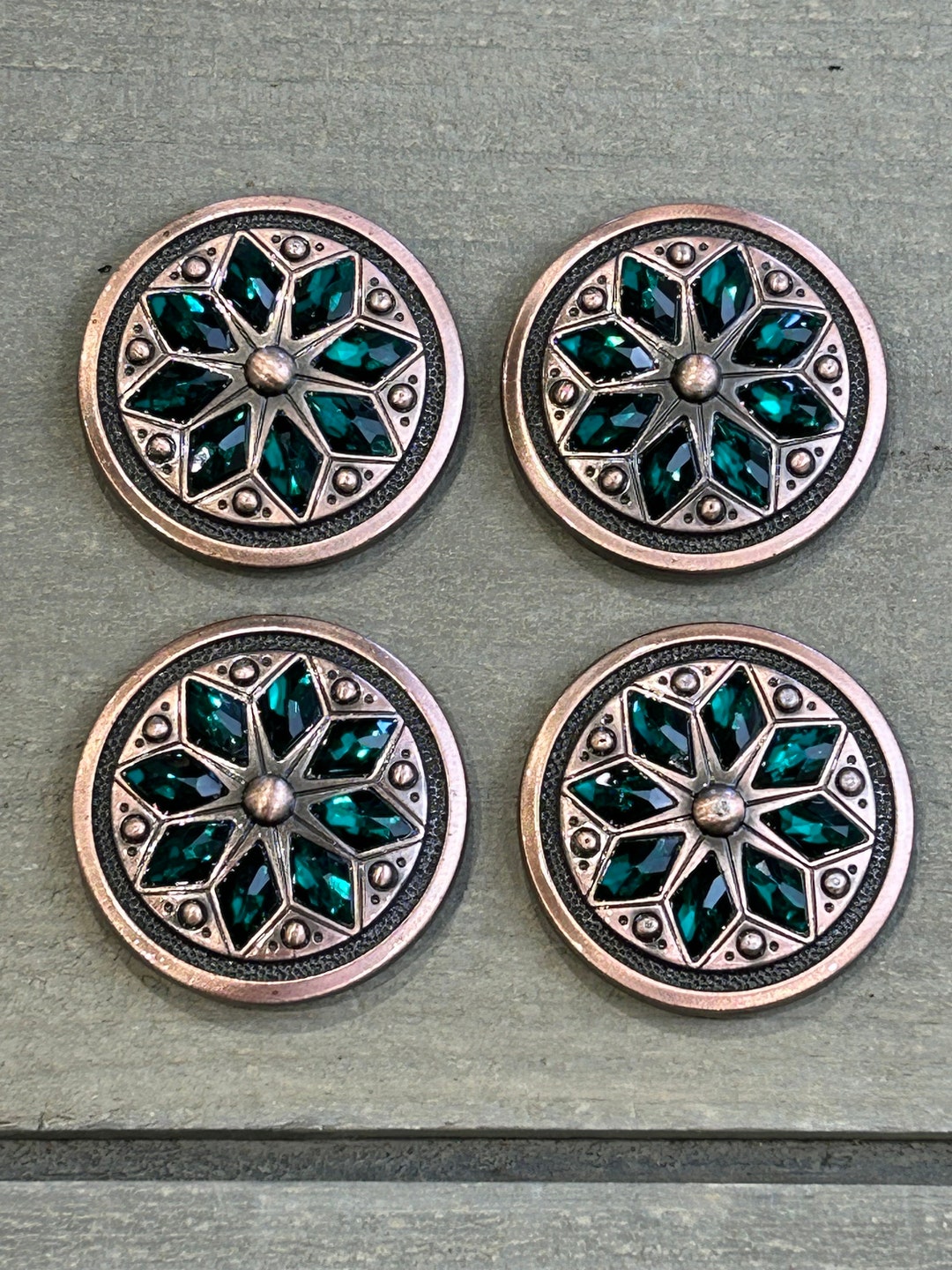Lot of 4 1.5 Antique Copper Cactus Flower Conchos With Emerald Color ...