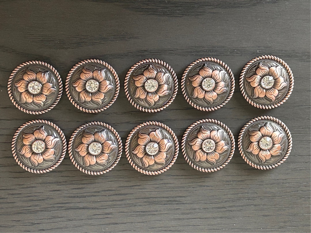 Lot of 10 1.5" Antique Copper Sunflower Conchos With Clear Color Stones ...