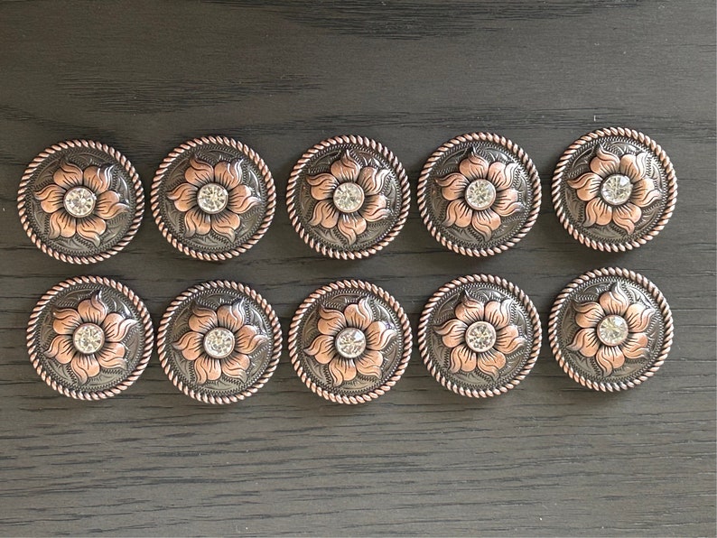 Lot of 10 1.5" Antique Copper Sunflower Conchos With Clear Color Stones ...