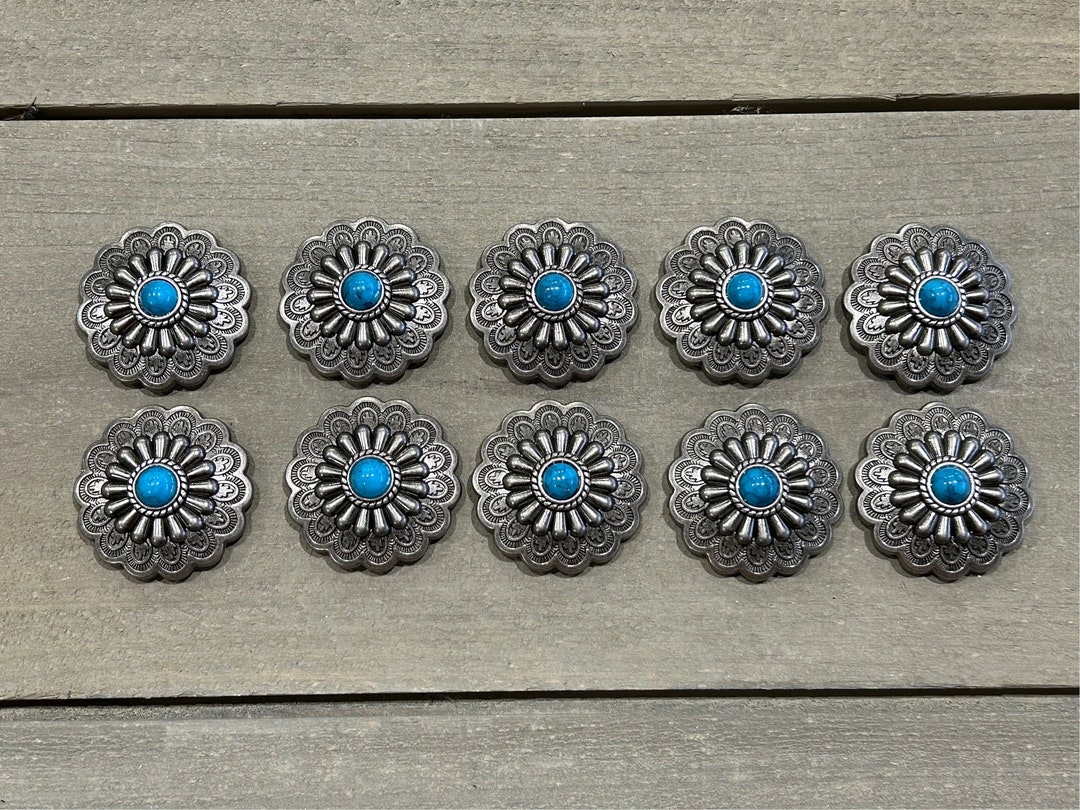 Lot of 10 1.5" Antique Nickel Scalloped Conchos With Turquoise Color ...
