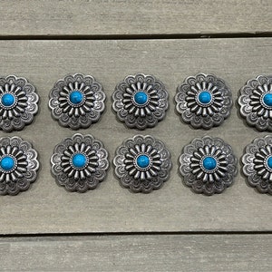 Lot of 10 1.5" Antique Nickel Scalloped Conchos With Turquoise Color ...