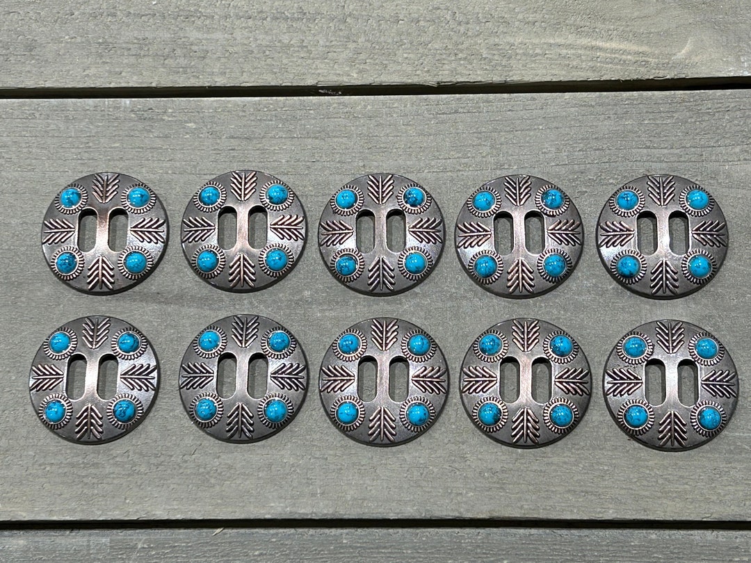 Lot of 10 1.5" Feather Antique Copper Slotted Conchos With Turquoise ...