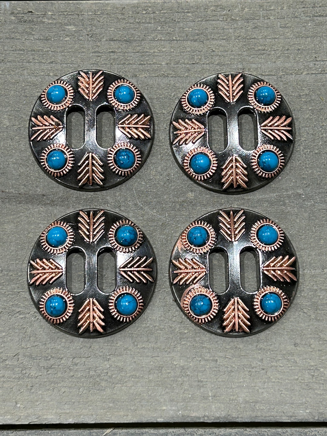 Lot of 4 1.5" Feather Two-tone Slotted Conchos With Turquoise Color ...