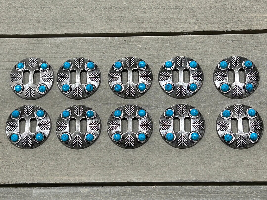 Lot of 10 1.5" Feather Antique Nickel Slotted Conchos With Turquoise ...