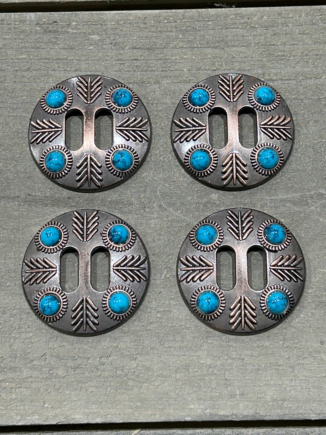 Lot of 4 1.5" Feather Antique Copper Slotted Conchos With Turquoise ...