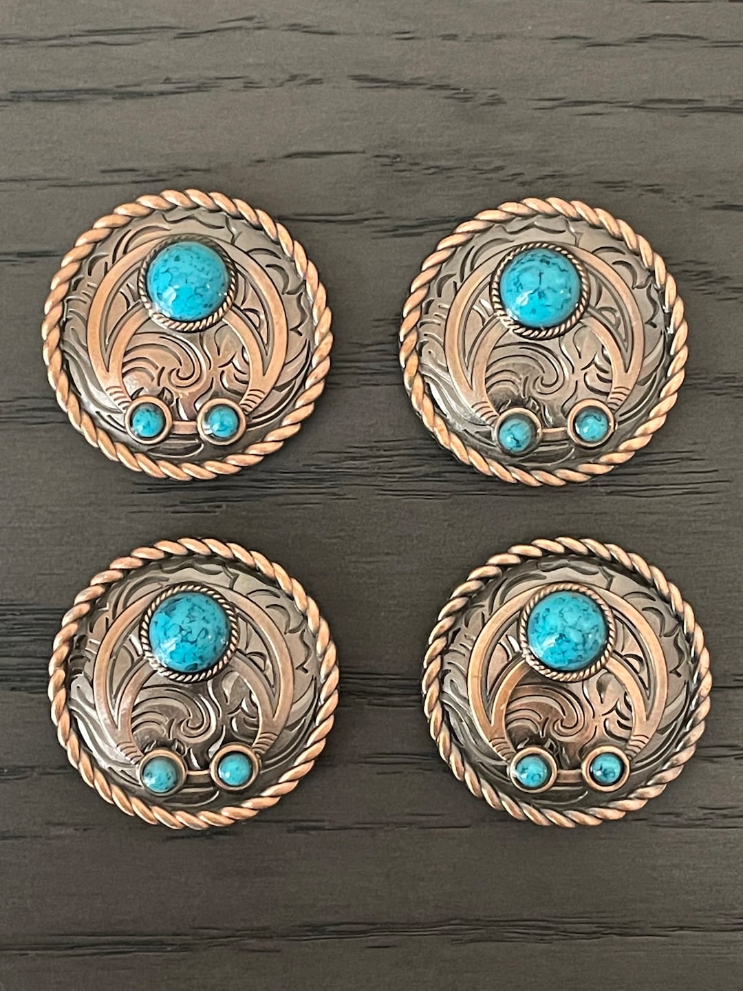 Lot of 4 1.5" Antique Copper Squash Blossom Conchos With Turquoise ...