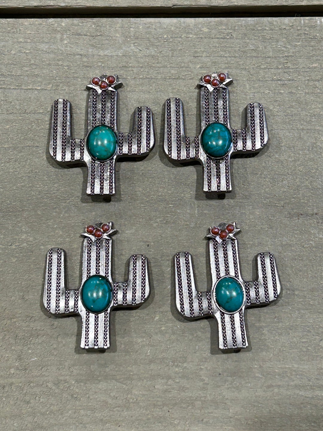 Lot of 4 1.5" Antique Nickel Cactus Shaped Conchos With Turquoise Color ...