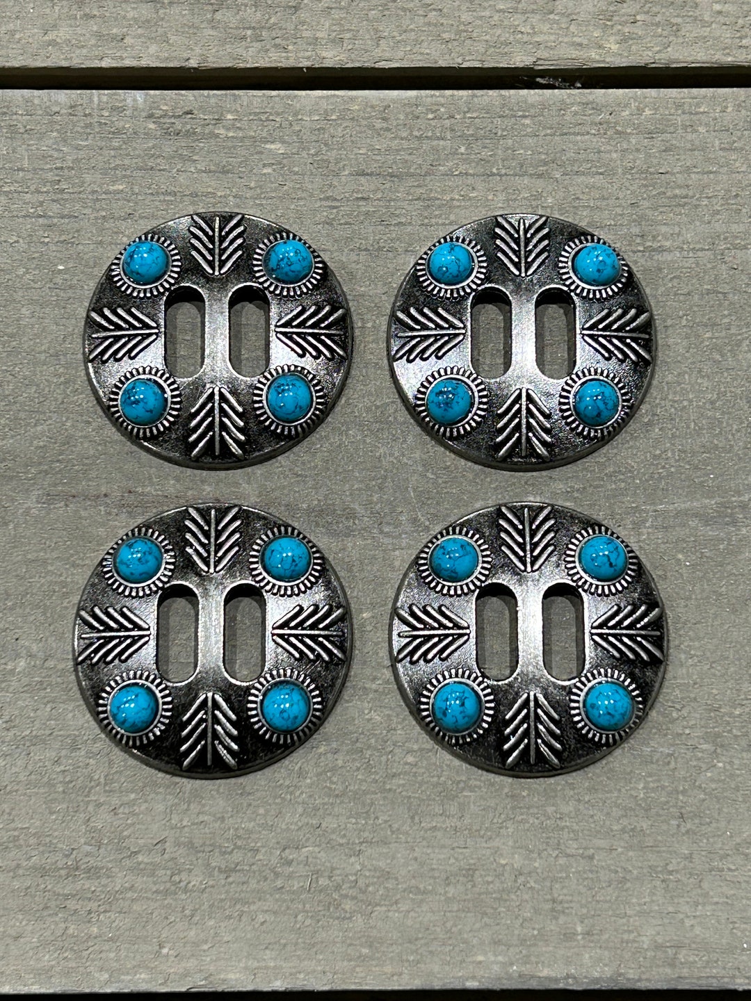 Lot of 4 1.5" Feather Antique Nickel Slotted Conchos With Turquoise ...