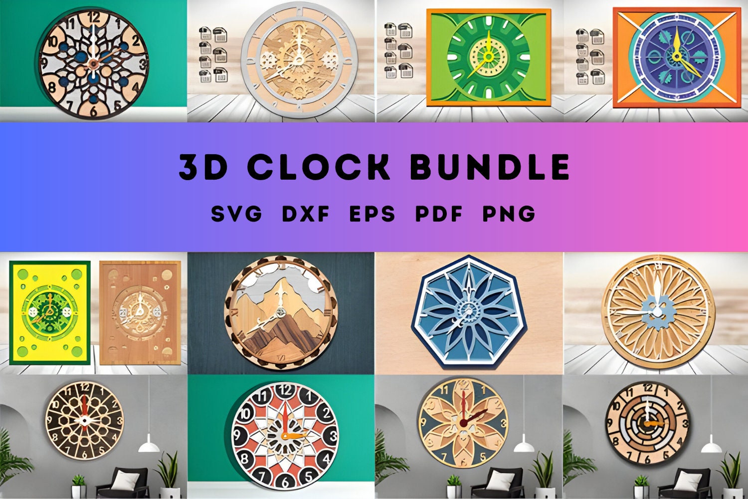 3D Clock Laser Cut Design File - Multilayer SVG - 13 Unique Clock ...