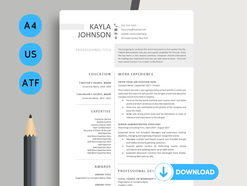 Resume Template, 1,2,3 Page Versions, Cover Letter & References ...