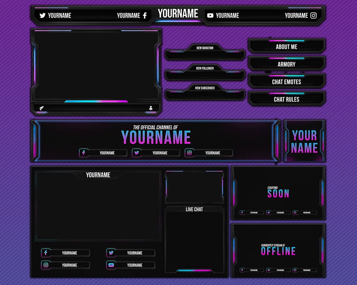 Twitch Stream Overlays Package Purple, Blue Neon Pack Customizable ...