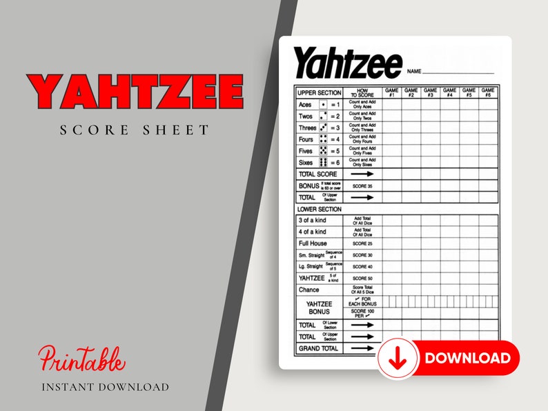 Yahtzee Score Card Sheet Printable, Instant Download Refill Sheets - Etsy