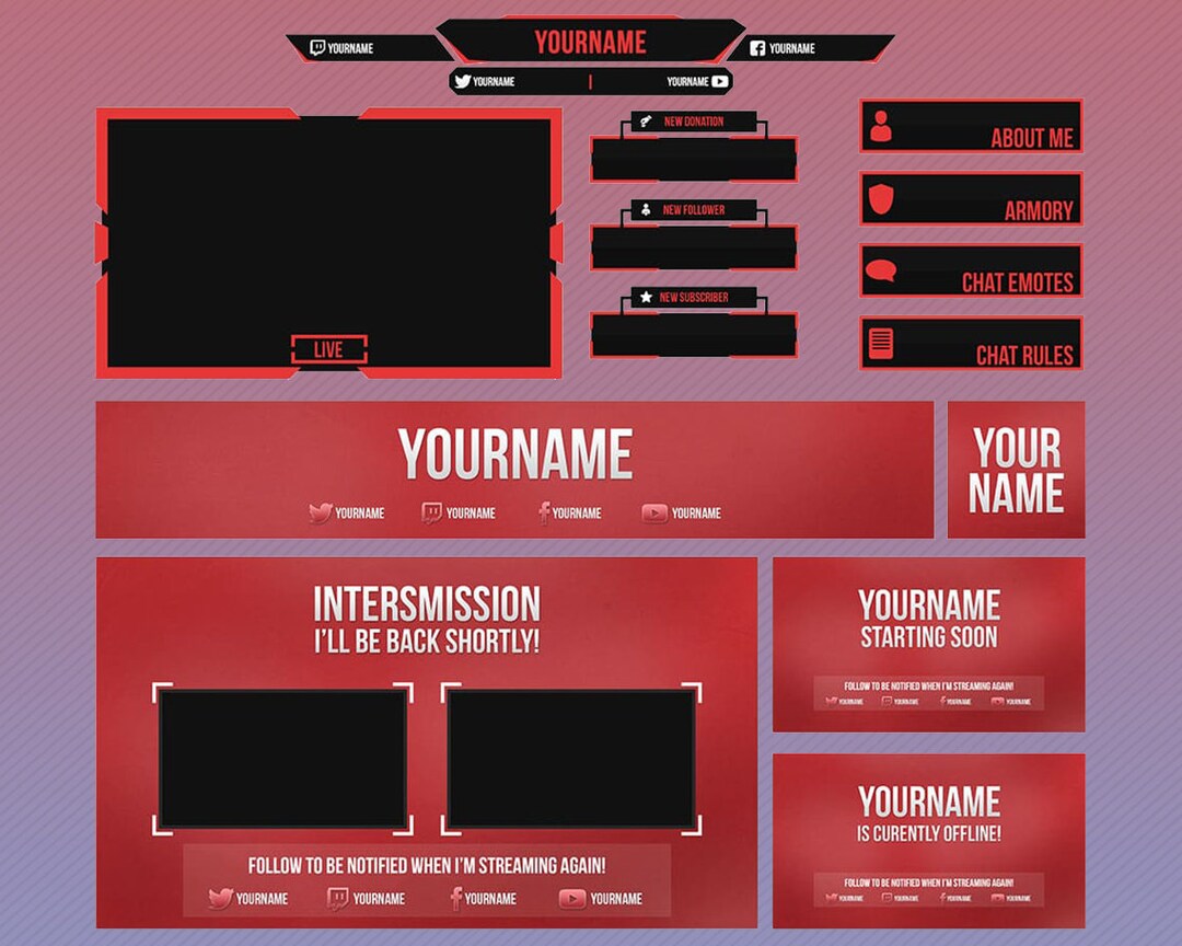 Twitch Stream Overlays Package | Red Overlay Pack | Customizable ...