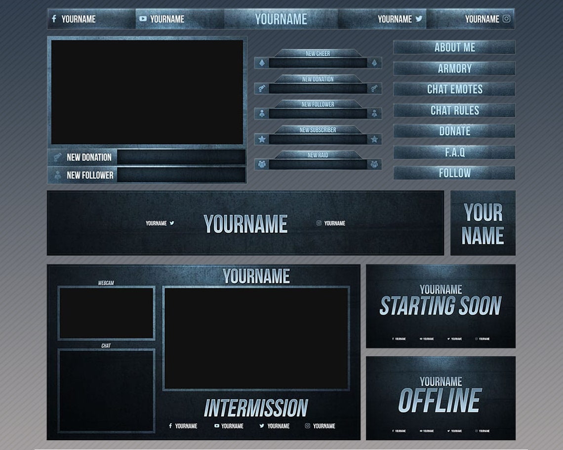 Twitch Stream Overlays Package | Dark Grey Blue Pack | Customizable ...